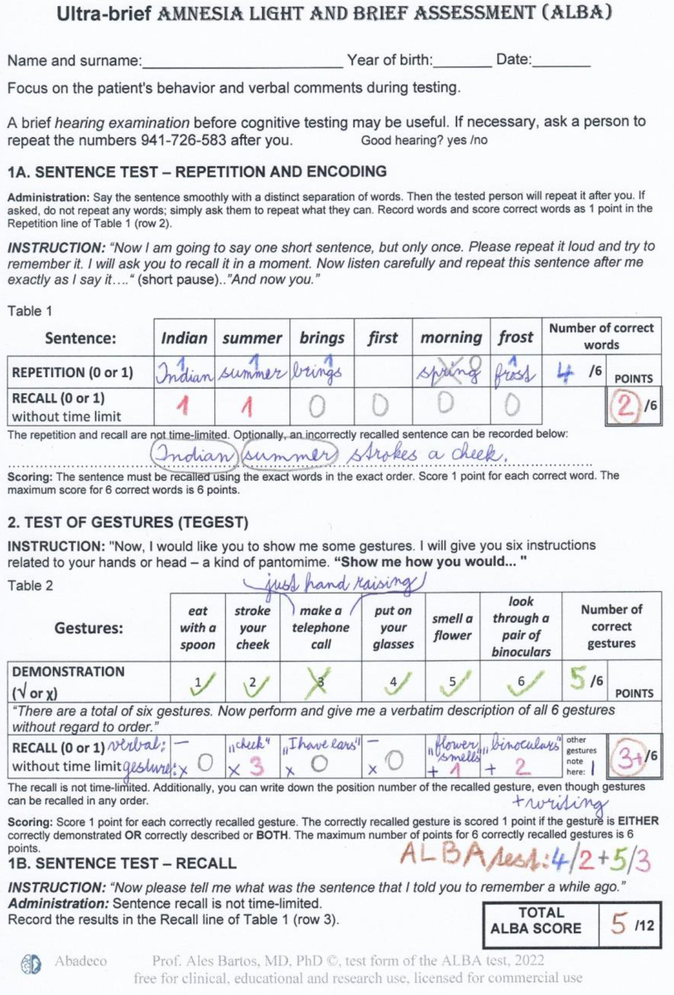 The sensitive Amnesia Light and Brief Assessment (ALBA) is a valid 3 ...