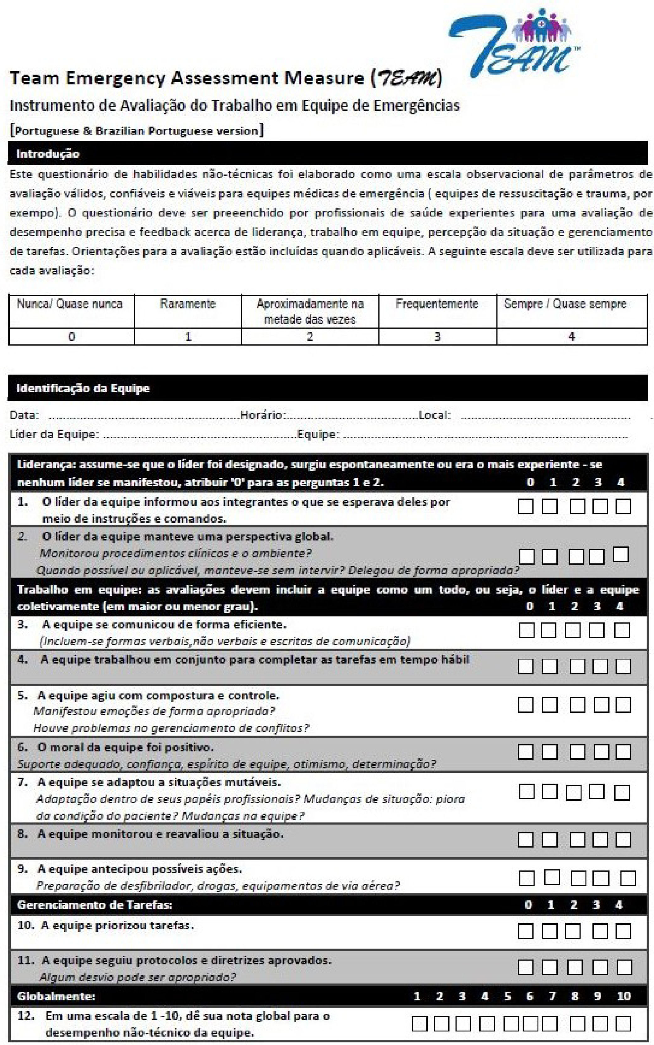 Team emergency assessment measure (TEAM) of non-technical skills: The ...