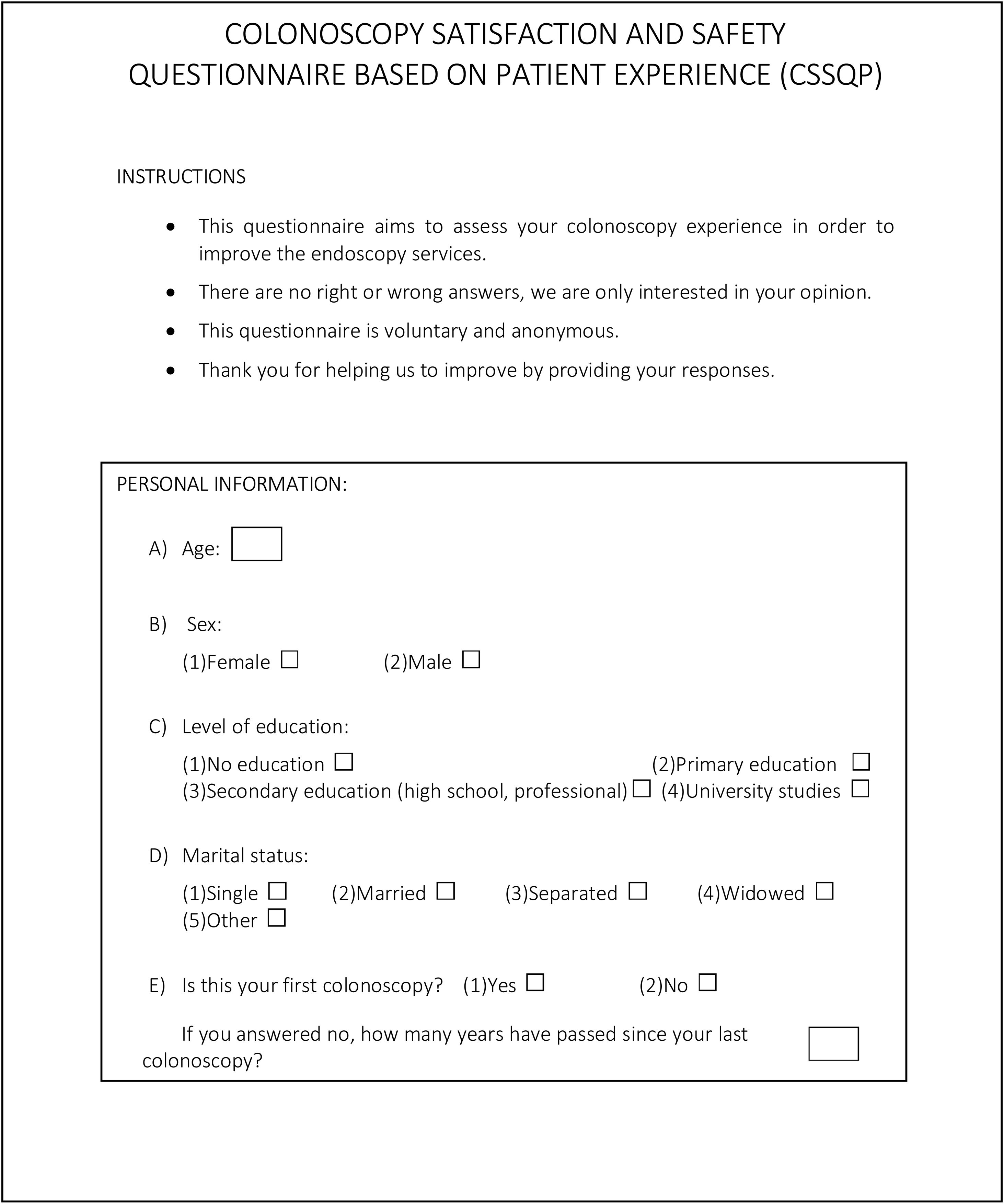 Colonoscopy Satisfaction and Safety Questionnaire based on patient ...
